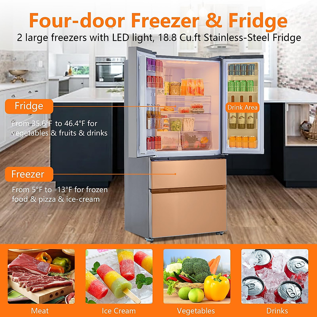 GarveeHome French Door Refrigerator, 18.8 Cu.Ft. Counter Depth Stainless Steel Refrigerators, 4 Door Fridges Full Size Bottom Freezer Kitchen Fridge, Automatic Defrost, LED Lighting