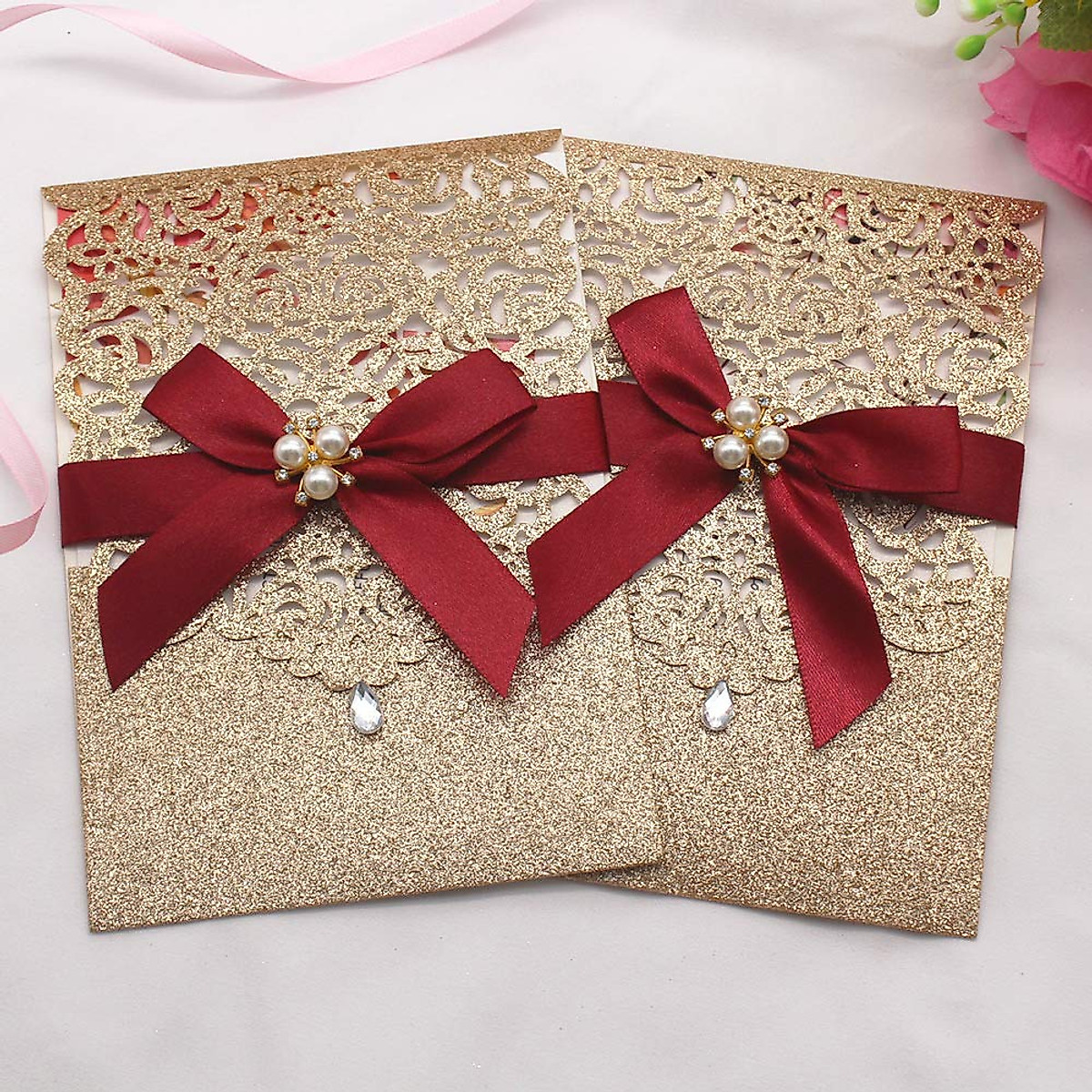 AdasBridal 25Pcs Gold Glitter Laser Cut Invitations with RSVP Cards and Envelopes Luxury Diamond and Ribbon Design with 250GSM Pearl Paper Insert For Wedding Engagement Birthday Quinceanera Invite