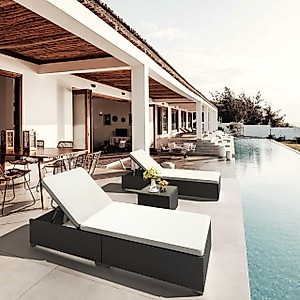 LHBcraft Outdoor PE Wicker Chaise Lounge Set, Patio Lounge Chairs, Rattan Adjustable Reclining Lounge Chairs with Cushions and Matching Storage Table (Two Chair + one Table)