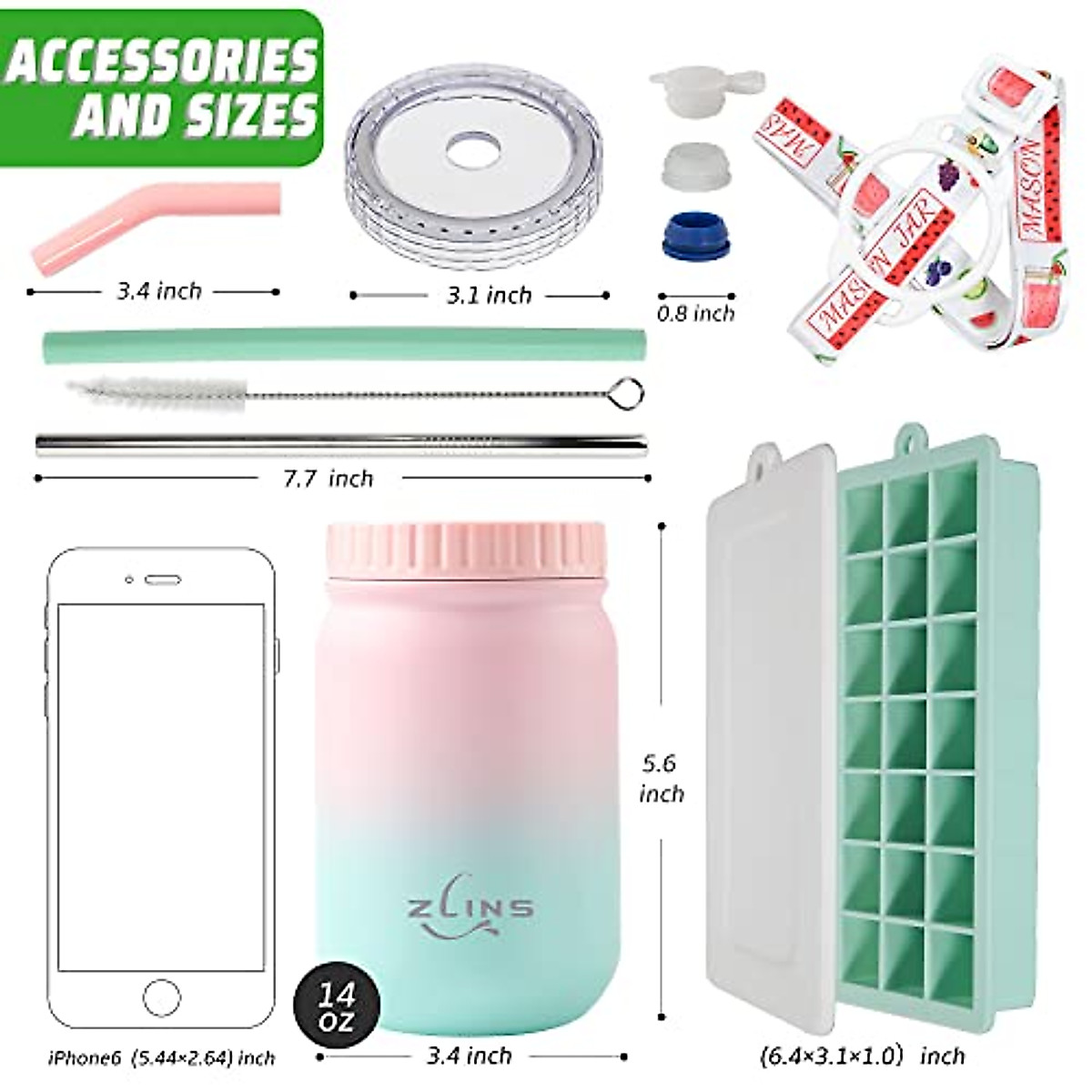 ZLINS Insulated Cup with Straw and Lid with Ice Cube Tray, Iced Coffee Drinking Mug, Reusable Stainless Steel Travel Tumbler, Double Wall Vacuum for Smoothie 14 OZ(Blue/Pink Set)