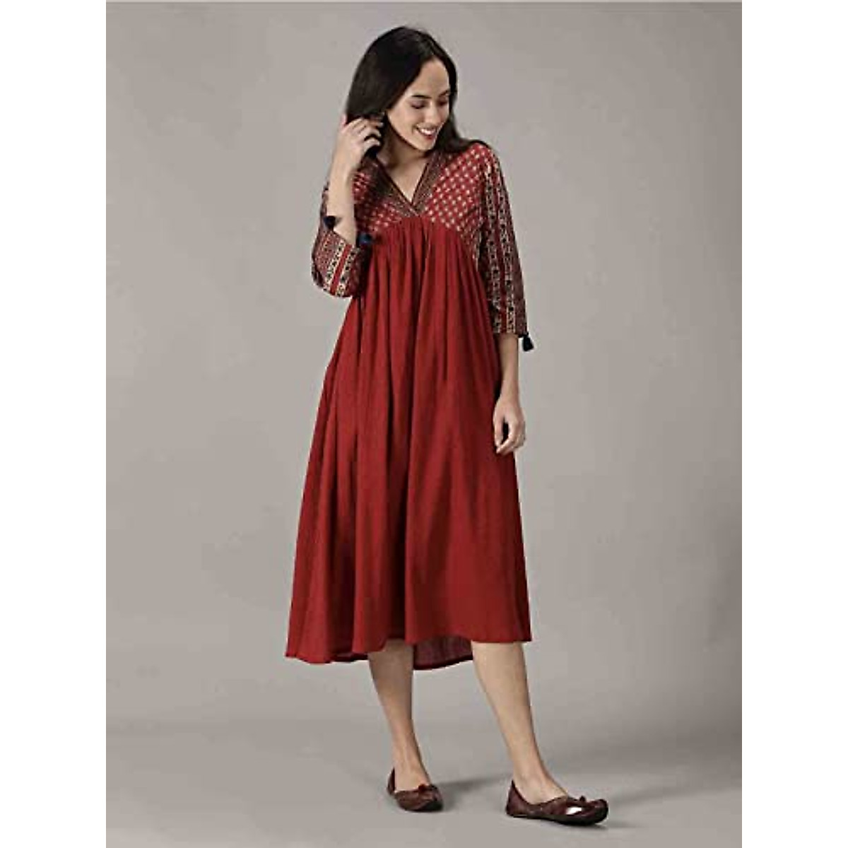 FIDOZA Women's Rayon Printed Anarkali Embroidery Kurti | Pakistani Style Rayon Printed Kurti For Women | Ready to wear (Maroon, S)