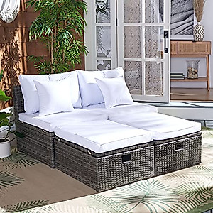 SAFAVIEH Outdoor Collection Pramla Grey Brown/White Cushion Settee with Storage Ottoman (Set of 2) PAT7515C