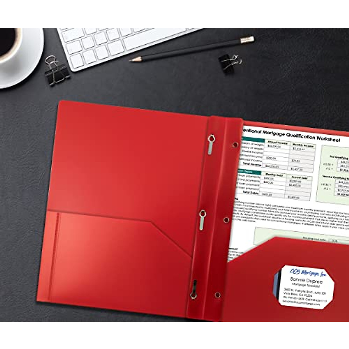 Better Office Products Red Plastic 2 Pocket Folders with Prongs, Heavyweight, Letter Size Poly Folders, 24 Pack, with 3 Metal Prongs Fastener Clips, Red