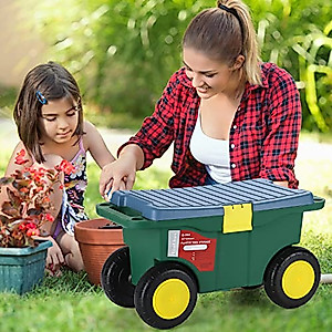 Multi-Use Garden Scooter with Seat, Rolling Storage Bin with Bench Seat and Interior Tool Tray，Gardening Stool for Weeding and Planting