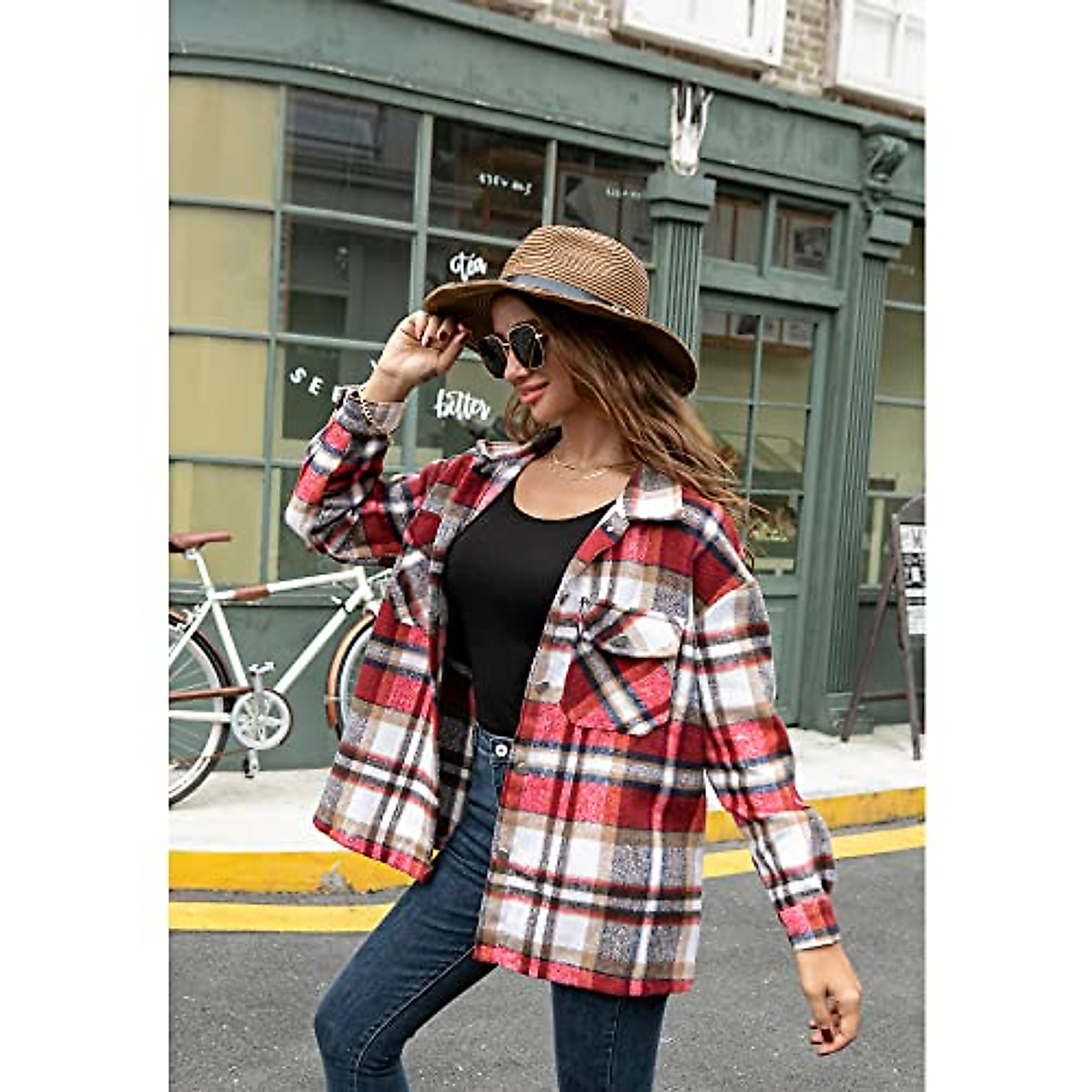 Women Classic Flannel Plaid Jacket Button Down Boyfriend Long Sleeve Lapel Shirts Casual Blouses Tops (Red, Small)