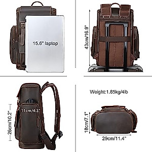 Masa Kawa Leather Backpack for Men 15.6 Inch Laptop Computer Bag Large Vintage Hiking Daypack Business Travel Rucksack, Brown