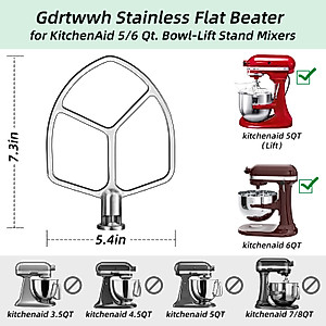 Gdrtwwh Stainless Steel Flat Beater Attachment for KitchenAid 5 & 6-Quart Bowl-Lift Mixer,for Baking - Pastry, Pasta Dough, Mixing Accessory（Dishwasher Safe）
