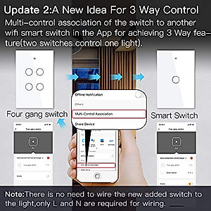 MoesGo WiFi Smart Wall Light Switch,Glass Panel, Multi-Control(3 Way), 2.4GHz Wi-Fi Touch Switches, Neutral Wire Required, Remote Control Smart Life/Tuya App, Work with Alexa, Google Home White 4 Gang