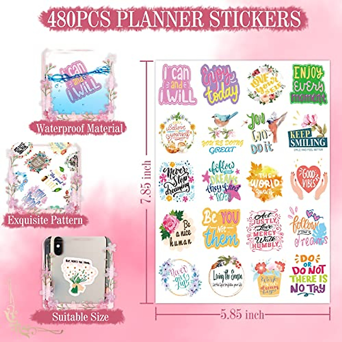 480 Pieces Inspirational Quote Daily Planner Stickers for Women Journaling Calendar Scrapbook Stickers Aesthetic 24 Sheets Motivational Waterproof Stickers for Kids Teachers Water Bottle Laptop
