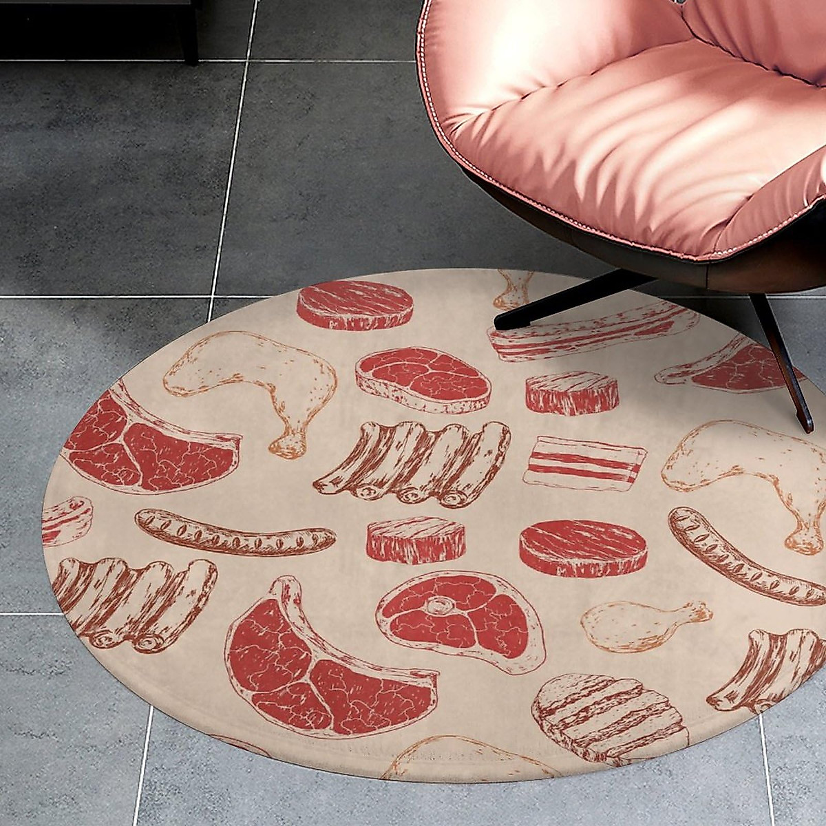 MoBlinko Beef Steak Round Area Rug BBQ Circle Rug Carpet Circular Rugs Non Slip Mat for Kitchen Living Room Bedroom Decoration 3 Ft