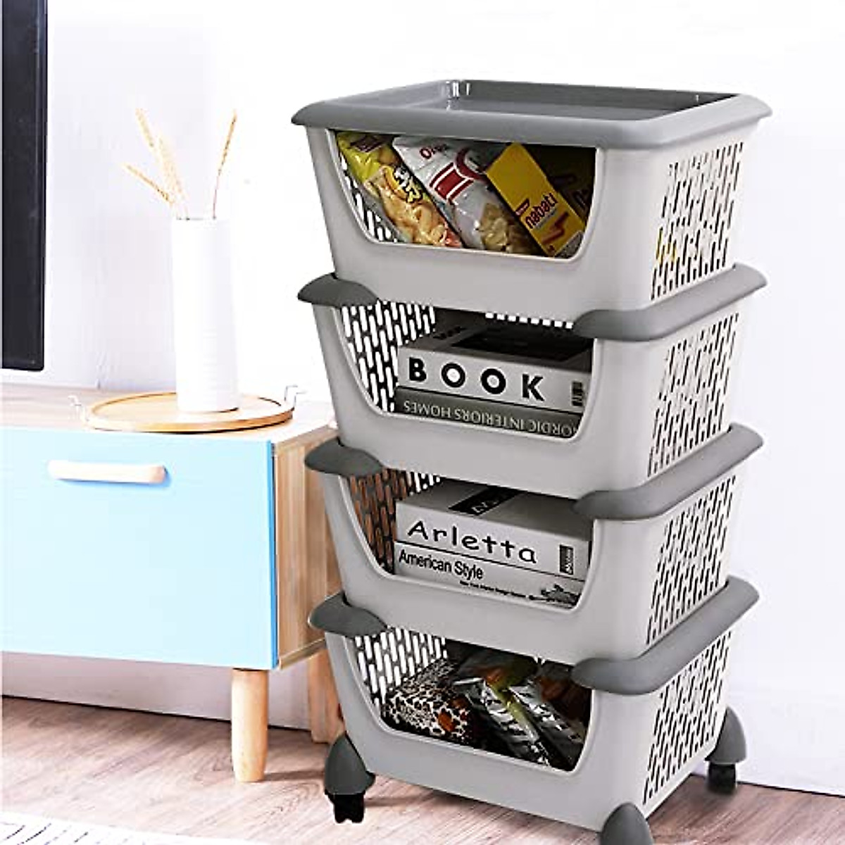 Obstnny 4 Pack Stacking Storage Bins, Multipurpose Large Plastic Baskets