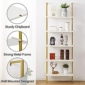 SUPERJARE Modern Ladder Shelf, 5-Tier Open Wall-Mounted Bookshelf with Stable Metal Frame, 72 Inches Storage Rack Shelves, Stand Bookcase for Home Office - White/Gold