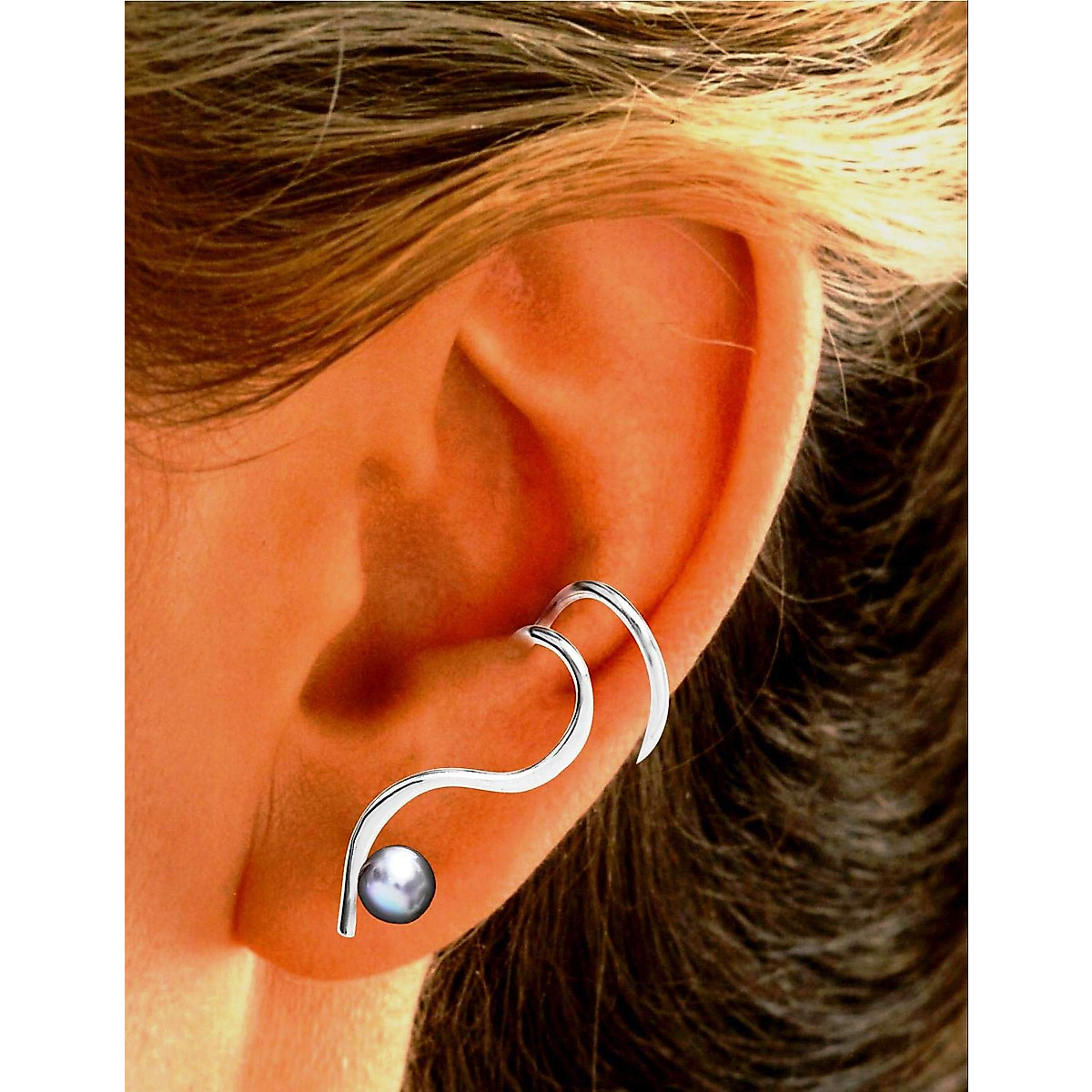 Ear Charms ® 'One-liner' Black Pearl Ear Cuff Non-pierced Left Earring Cuff, Rhodium on Sterling Silver