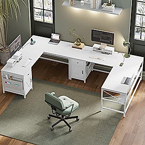 SEDETA L Shaped Computer Desk, Convertible 86.6" Home Office Desk or Corner Desk, L Office Desk with Drawer, Power Strip, Storage Cabinet, Monitor Stand & Storage Bag, White
