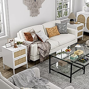 IKIFLY Rattan Nightstand Set of 2, Farmhouse Boho End Side Table with 2 Handmade Rattan Drawers, Wood Accent Bedside Table with Storage for Bedroom, Living Room - White