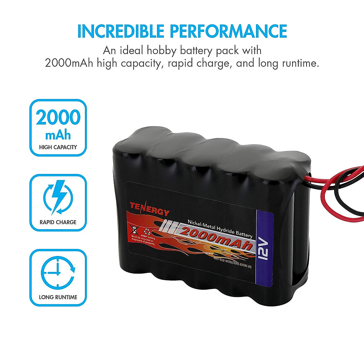 Tenergy NiMH Battery Pack 12V 2000mAh High Capacity Rechargeable Battery w/Bare Leads Replacement Battery Pack for DIY, Medical Equipments, LED Light Kit, RC Models, Portable 12V DC Devices and More
