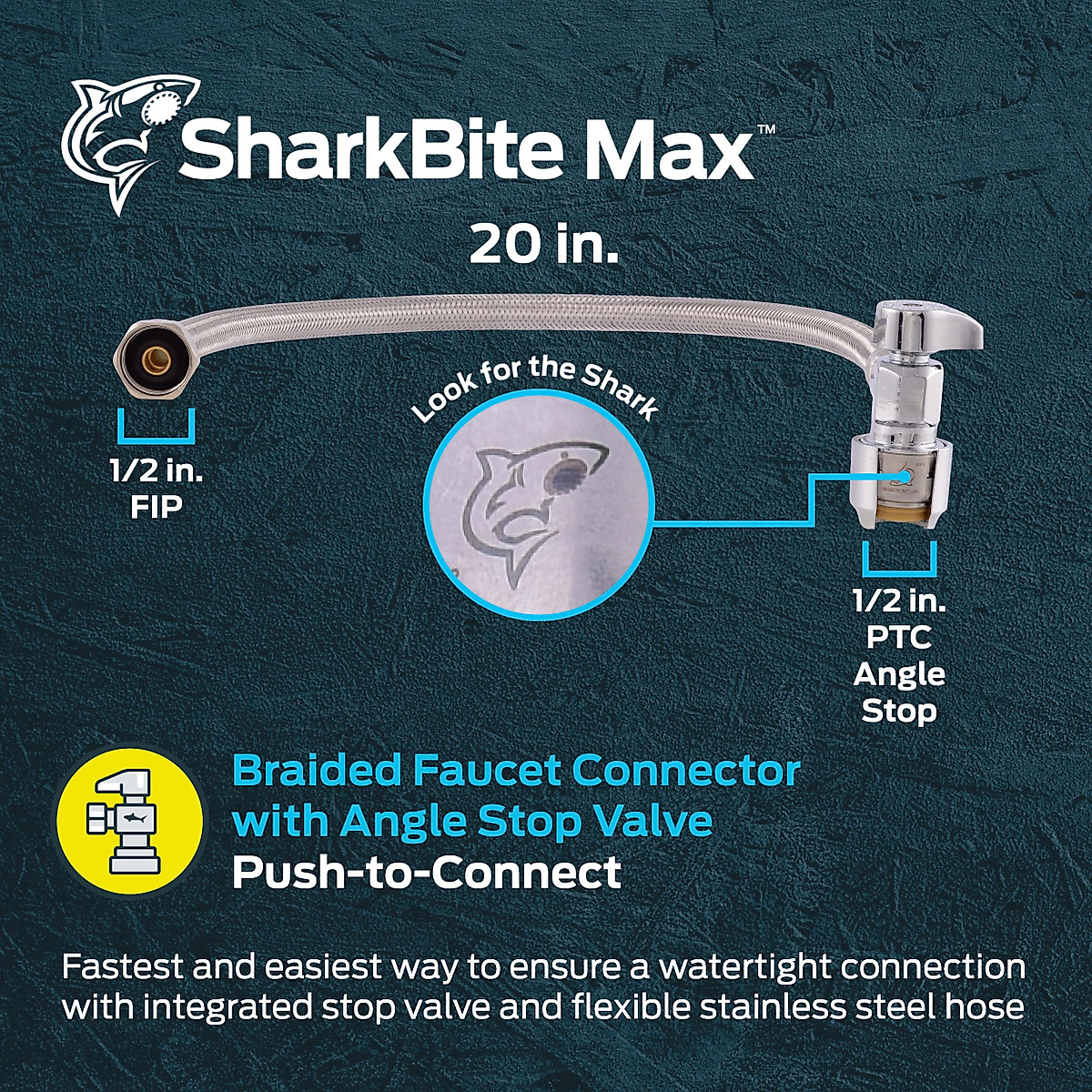 SharkBite Max 20 Inch Stainless Steel Braided Faucet Connector with 1/2 Inch Angle Stop Valve, 1/2 Inch FIP Faucet Connection, PEX Pipe, Copper, CPVC, PE-RT, HDPE, UR24657