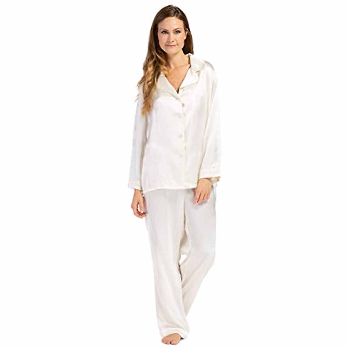 Fishers Finery Women's 100% Pure Mulberry Silk Long Pajama Set with Gift Box - Button Down Pj Top, Cool and Comfortable Loungewear (White, L)