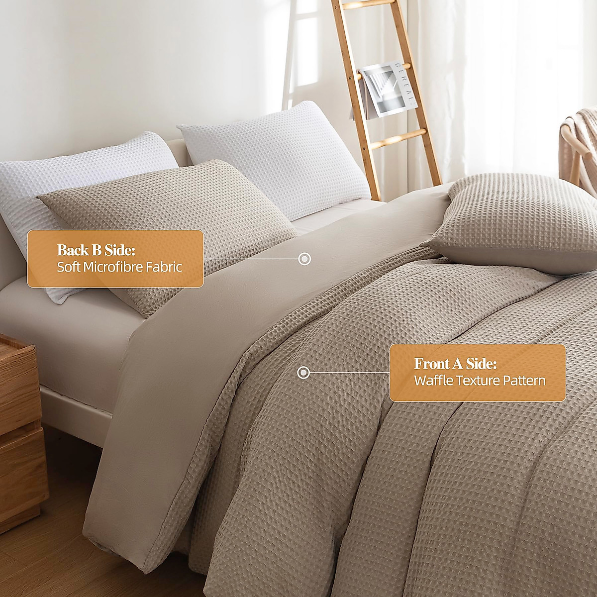 Jessrydo Waffle Duvet Cover King Size Soft Breathable Cooling Luxury 3 Pcs Waffle Bedding Set with 1 Waffle Weave Duvet Cover and 2 Pillowcases, NO Comforter Included (King, Khaki)