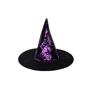 Hooin Halloween Reversible Sequin Witch Hat. Reversible Sequin Costume Party Hat. (Purple & Silver)