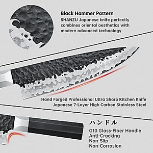 SHAN ZU 7-Piece Japanese Knife Set - 7 Layers 9Cr18MoV High Carbon Steel Kitchen Knife Set with Block and Sharpener,Ultra-Sharp Chef Knife Set with G10 Handle