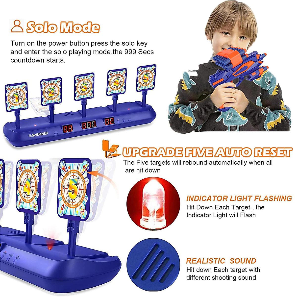 SWEMNED Digital Shooting Targets for Nerf Guns Practice Toy, Upgrade 5 Auto Reset 3 Game Mode Electronic Scoring, Ideal Fun Gifts Toys Age 5,6,7,8,9,10,11,12,13+ Year Old Kids/Boys/Girls, Blue, Large