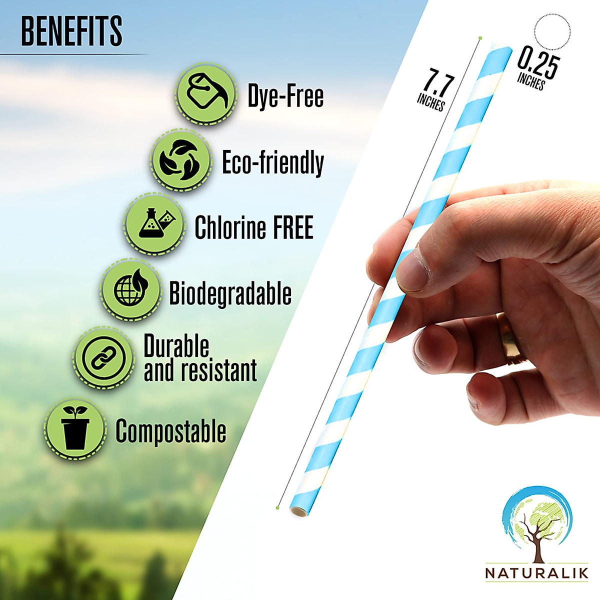 Naturalik 100-Pack Light Blue Biodegradable Paper Straws- Extra Durable- Baby Shower decorations for boy, gender reveal party supplies, birthday party straws, Blue Paper Straws