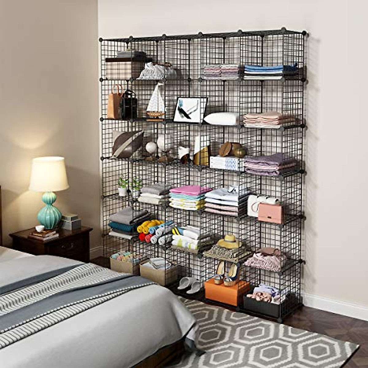 KOUSI 14"x14" Wire Cube Storage, Metal Grid Organizer, 30-Cube Modular Shelving Unit, Stackable Bookcase, Ideal for Living Room, Bedroom, Office