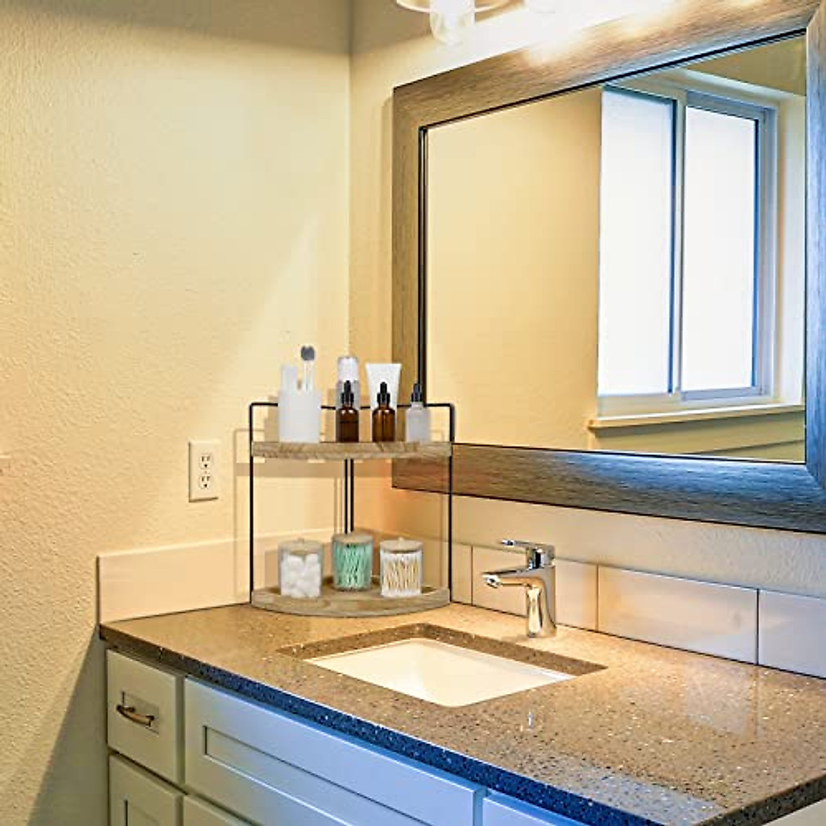 NACIMAX 2 Tier Corner Bathroom Organizer Countertop, Bathroom Counter Corner Shelf, Wood Bathroom Counter Corner Organizer, Light Brown