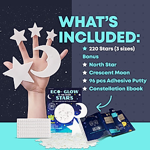 LUMOSX Glow in The Dark Stars for Ceiling - Stars from Recycled Materials w/North Star, Moon & Constellation E-Book | 220 pcs Ceiling Stars for Ceiling Decorations for Kids Room Decor
