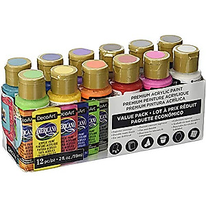 DecoArt Americana Acrylic Paint - 12 Ct Basic Assorted Acrylic Paints Value Pack - Medium Viscosity Water Based Multi Surface Acrylic Paint Set for Arts and Crafts, Wall Art, Model Kit Paint + E-Book