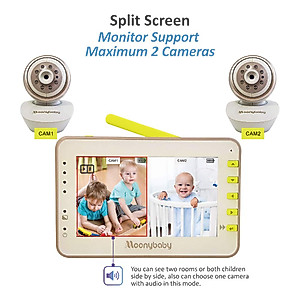 Moonybaby Split 55 Baby Monitor with 2 Cameras, Split Screen Video, No WiFi Pan Tilt Camera, Wide View Lens Included, 4.3 inches Large Monitor, Night Vision, Temperature, 2 Way Talk Back, Long Range
