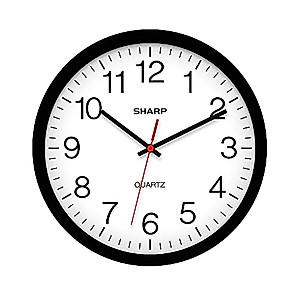 SHARP Wall Clock – Black, Silent Non Ticking 14 Inch Quality Quartz Battery Operated Round Easy to Read Home/Kitchen/Office/Classroom/School Clocks, Sweep Movement