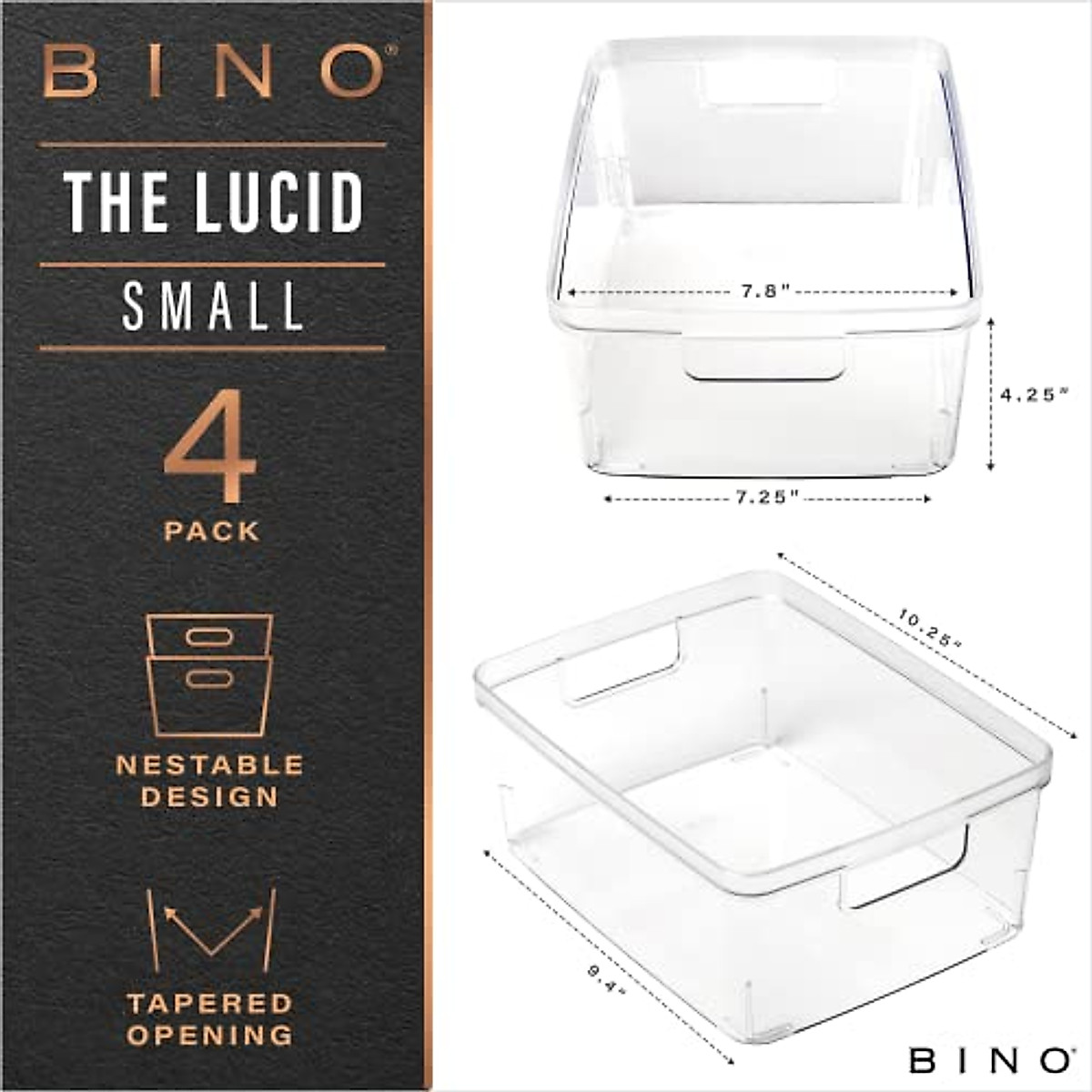 BINO Plastic Storage Containers, Small - 4 Pack THE LUCID COLLECTION, Multi-Use Organizer Bins Built-In Handles BPA-Free Clear, Fridge, Pantry & Home Organization