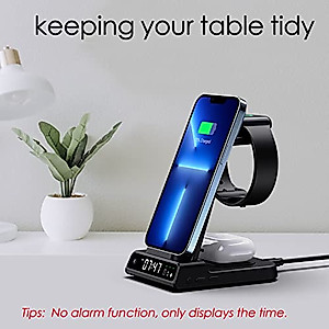 doeboe Wireless Charger, 3 in 1 Charging Station for Multiple Devices Apple with Digital Clock for iPhone 14/13/11/12/Pro Max/XR/AirP od Pro/3/2, Charger Dock for Apple Watch Series 8 7 SE 6 5 4 3 2 1