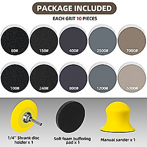 100PCS 2 Inch Sanding Discs Assorted 80-7000 Grits 2” Wet/Dry Sander Pads with 1/4” Shank Backing Plate and Hook & Loop Soft Foam Buffering Pad for Drill Grinder Rotary Tools Attachment