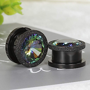 KUBOOZ Ear Plug Tunnel Gauge Stretcher Piercing Colorful Zircon Center Black Stainless Steel Screw 2G
