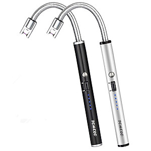 TOMOLO Electric Rechargeable Candle Lighter Grill Lighter Arc Lighter with Flexible Neck, LED Battery Display Safety Switch for Candle Camping Cooking BBQs Fireworks (Black&Silver)