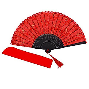 Womens Multi Color Handmade Cotton Lace Folding Hand Fan (Black-A) (6-pac)