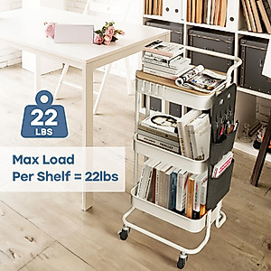 DTK 3 Tier Metal Utility Rolling Cart with Table Top and Side Bags, Metal Tray Storage Organizer Cart with Wheels, Art Craft Cart with 4 Hooks for Kitchen Bathroom Office Living Room (White)