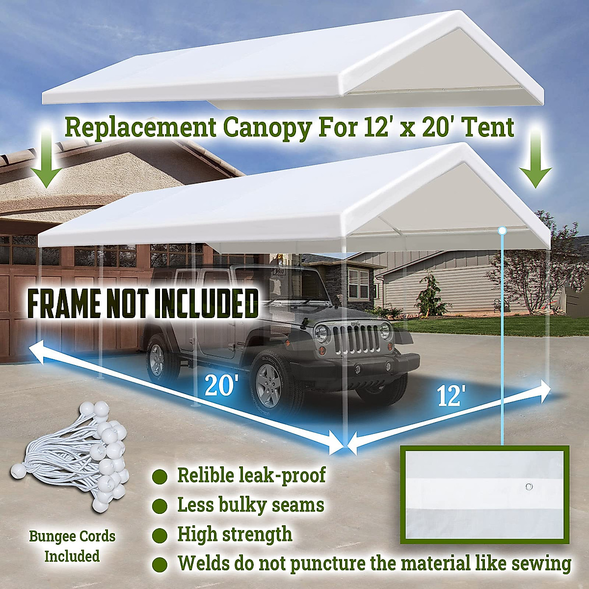 YardGrow 12 x 20 Feet Replacement Top Canopy Roof Cover for Carport Garage Shelter with Bungees, Frame Not Included (White)