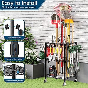 Roxibelt T1 Garden Tool Organizer（With Lockable Wheels）Heavy Duty Garage Tool Storage for Yard，Shed，Outdoor and Lawn，Freestanding Tool Organizers and Storage UP to 50 Tools，Black with Anti-Tip Device