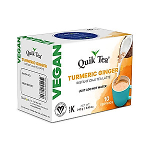 QuikTea Vegan Turmeric Ginger Chai Tea Latte Mix - 10 Count Single Box - All Natural, Non GMO, Vegan Certified | Convenient & Easy Dairy Free Instant Chai Tea Mix | Healthy Coffee Alternative