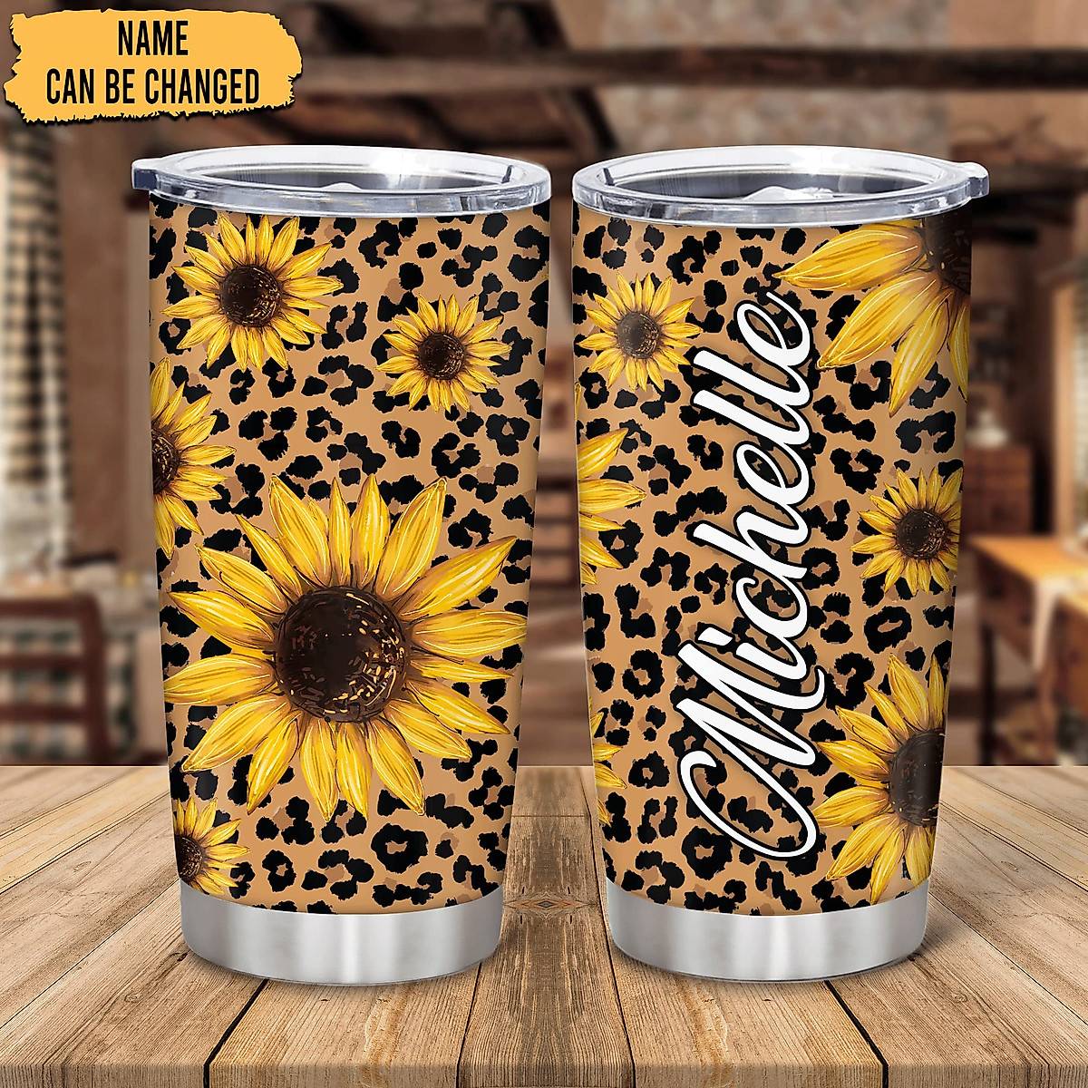 Hyturtle Personalized Gifts For Sunflower Lover - Sunflower Leopard Prints Custom Name Stainless Steel Tumbler 20oz With Lid - Idea Floral Lover Gifts For Women Girl On Birthday, Christmas