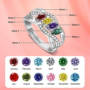 Hojaster Sterling Silver Personalized Mothers Rings Gifts for Mother’s Day with 4 Simulated Birthstones Custom Family Name Ring Jewelry for Women Mom Grandmother, Silver