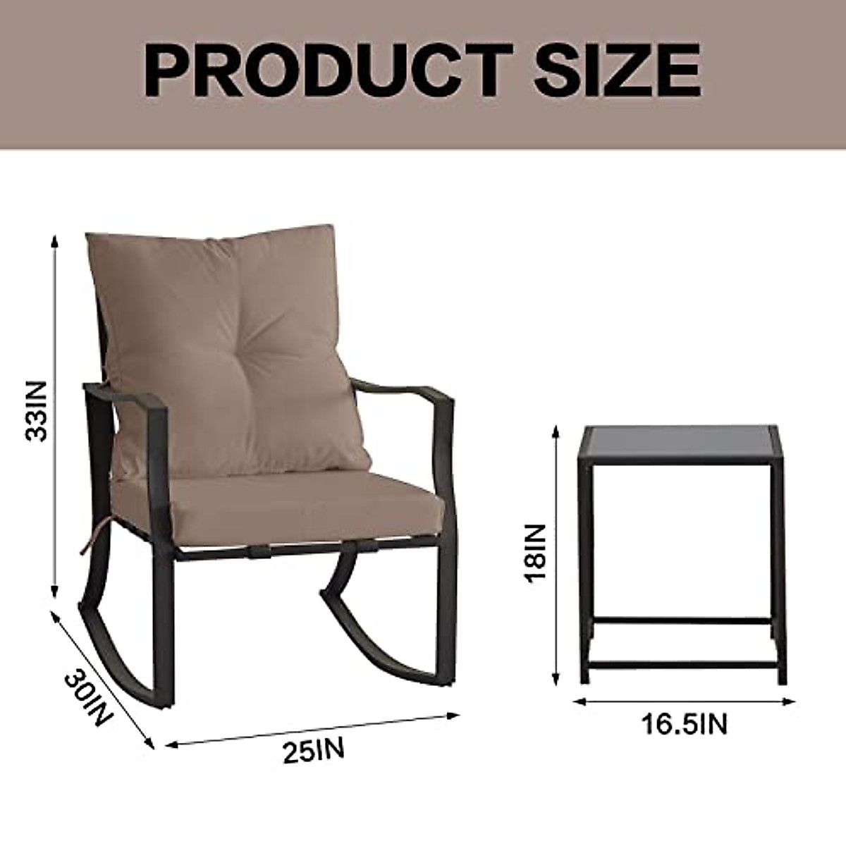 Outdoor Rocking Chair 3 Piece Rocking Bistro Set,Patio Steel Conversation with Glass Coffee Table and Cushions,Patio Outdoor Furniture Porch Chairs for Garden,Balcony, Pool, Backyard (Khaki)