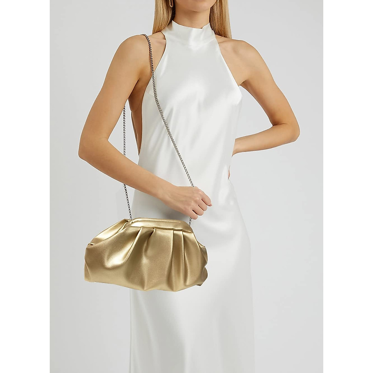 expouch Women Cloud Bag Slouchy Clutch Ruched Purse Evening Handbag with Gold Chain Shoulder Bag (Gold)