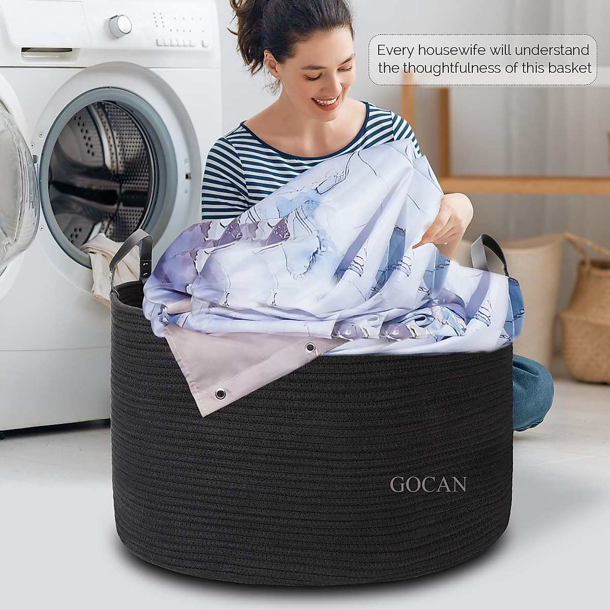GOCAN Extra Large Storage Laundry Basket 22" X 22"X 14" Cotton Rope Woven Basket for Blanket Basket with Handles for Living Room Toys Storage XXXL (Pure Blk)