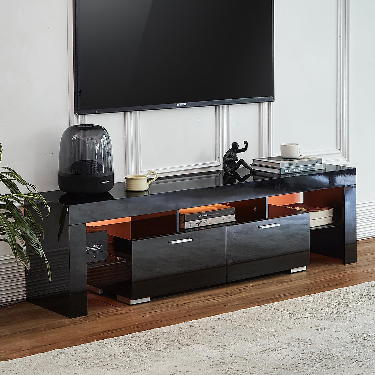 Ugijei Black LED TV Stand for 75 Inch TV, Modern Media Console with Storage, High Gloss TV Table for Bedroom, Living Room