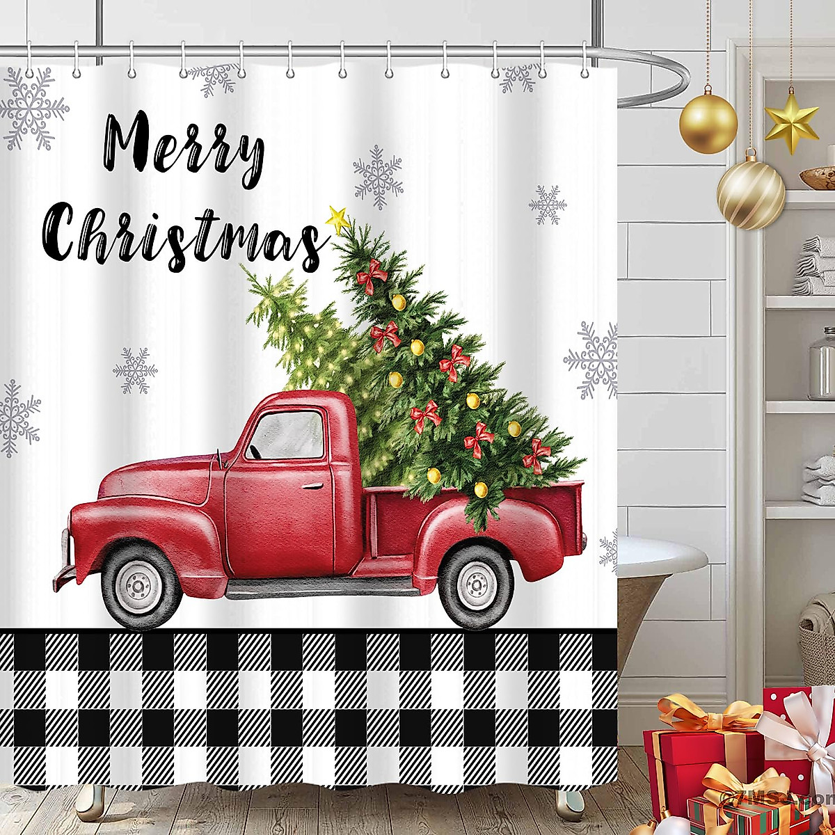 iTapnoom Merry Christmas Shower Curtain, Christmas Tree On The Red Truck and Snowflake Winter Holiday Party Farmhouse,Waterproof Polyester Durable Cloth Fabric Bathroom Decor Set with Hooks,72x72